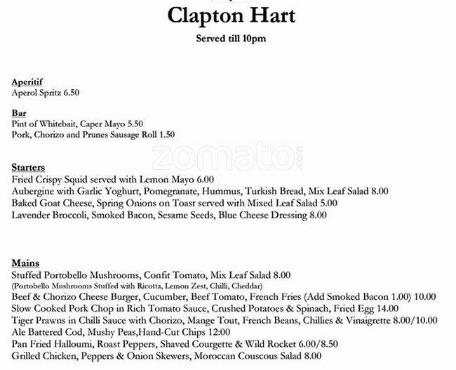 Menu at Clapton Hart pub & bar, London