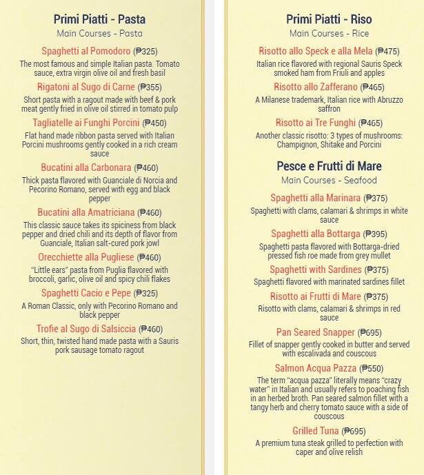 Menu at iTrulli Fashion, Food and Wine restaurant, Makati