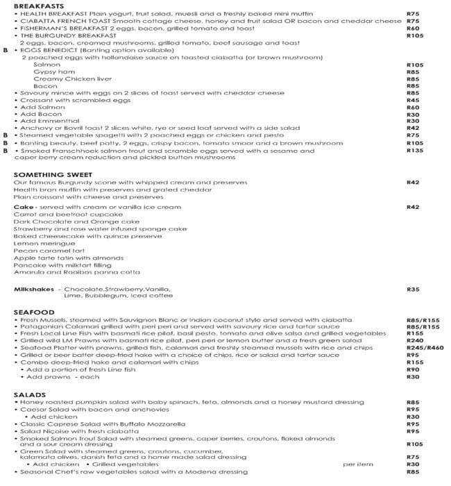 Burgundy Menu, Menu for Burgundy, Hermanus, Cape Town - Zomato SA