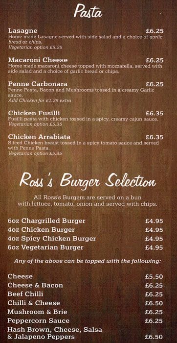 Menu at Ross's Original Bar, Glasgow