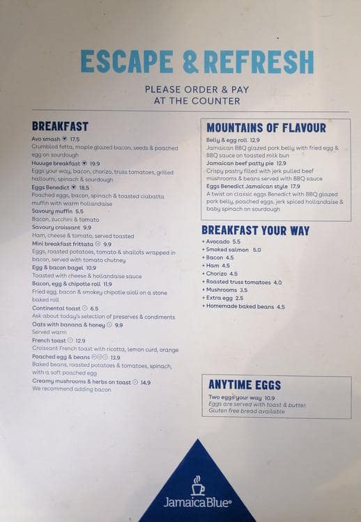 Menu at Jamaica Blue cafe, Hamilton