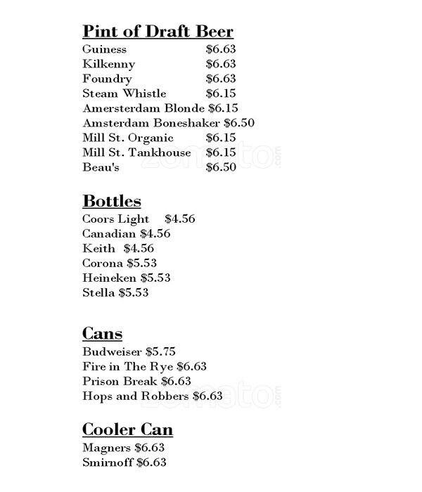 Menu at Mullins Irish Pub, Toronto, 537 College St