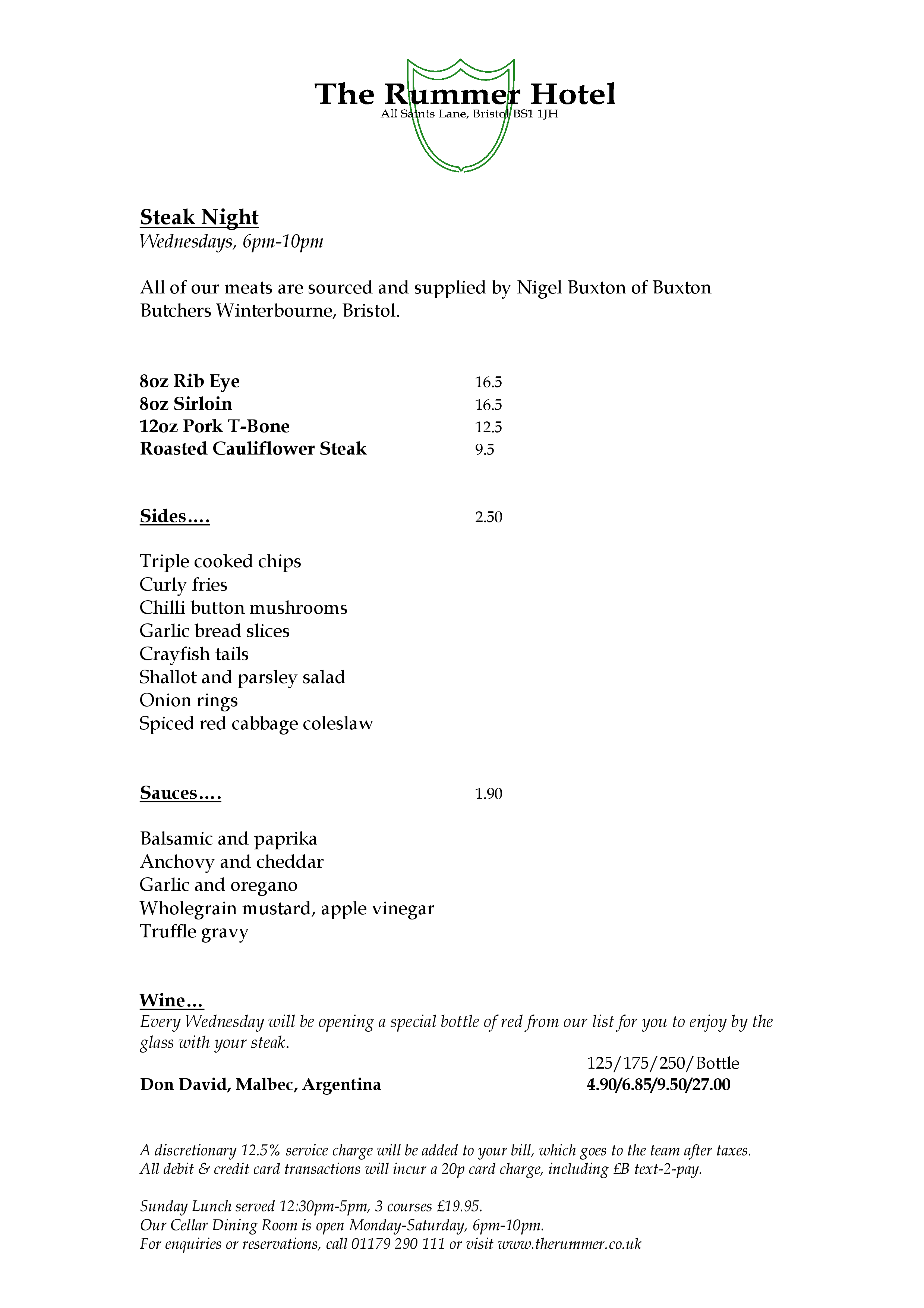 Menu at The Rummer pub & bar, Bristol