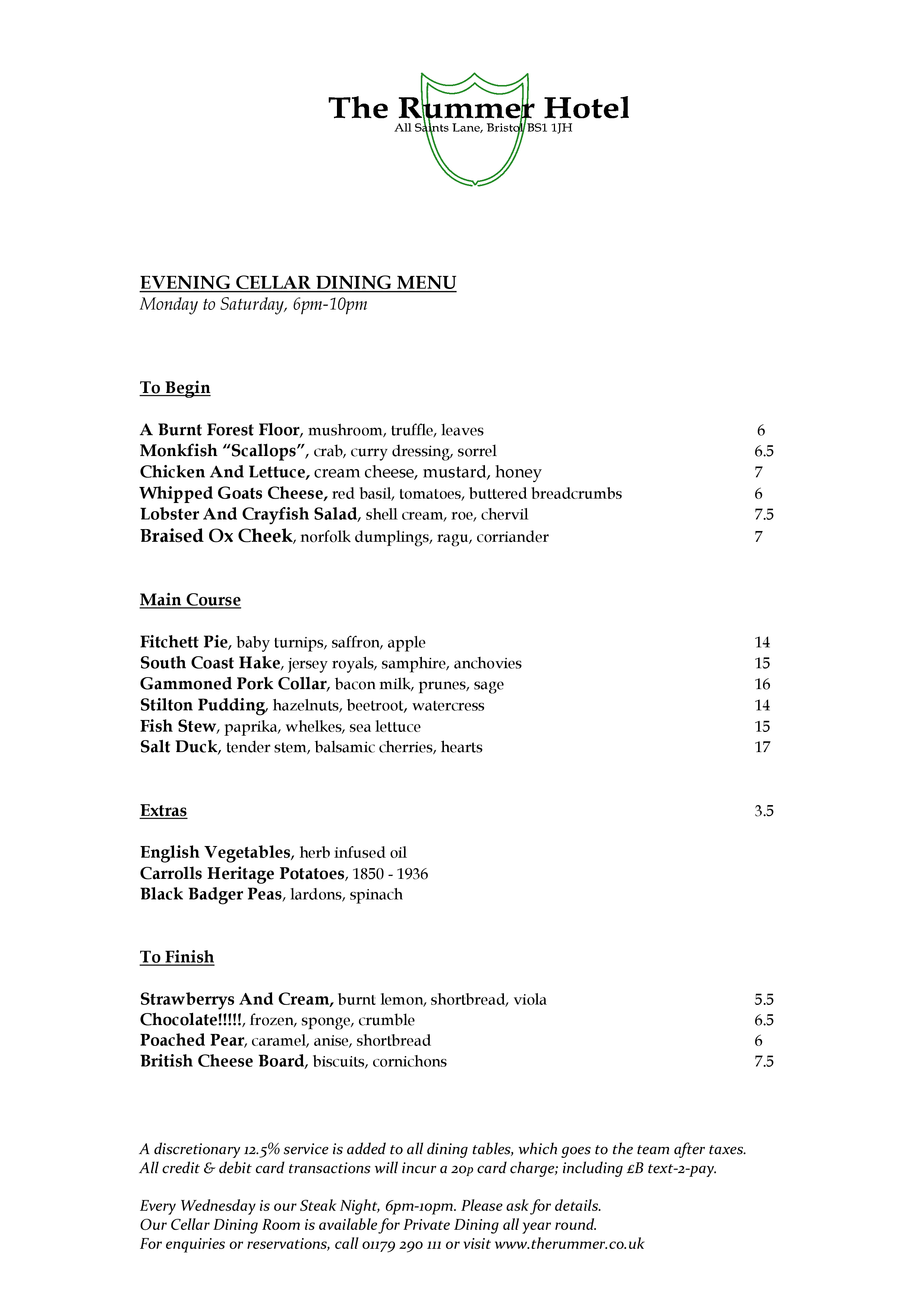 Menu at The Rummer pub & bar, Bristol