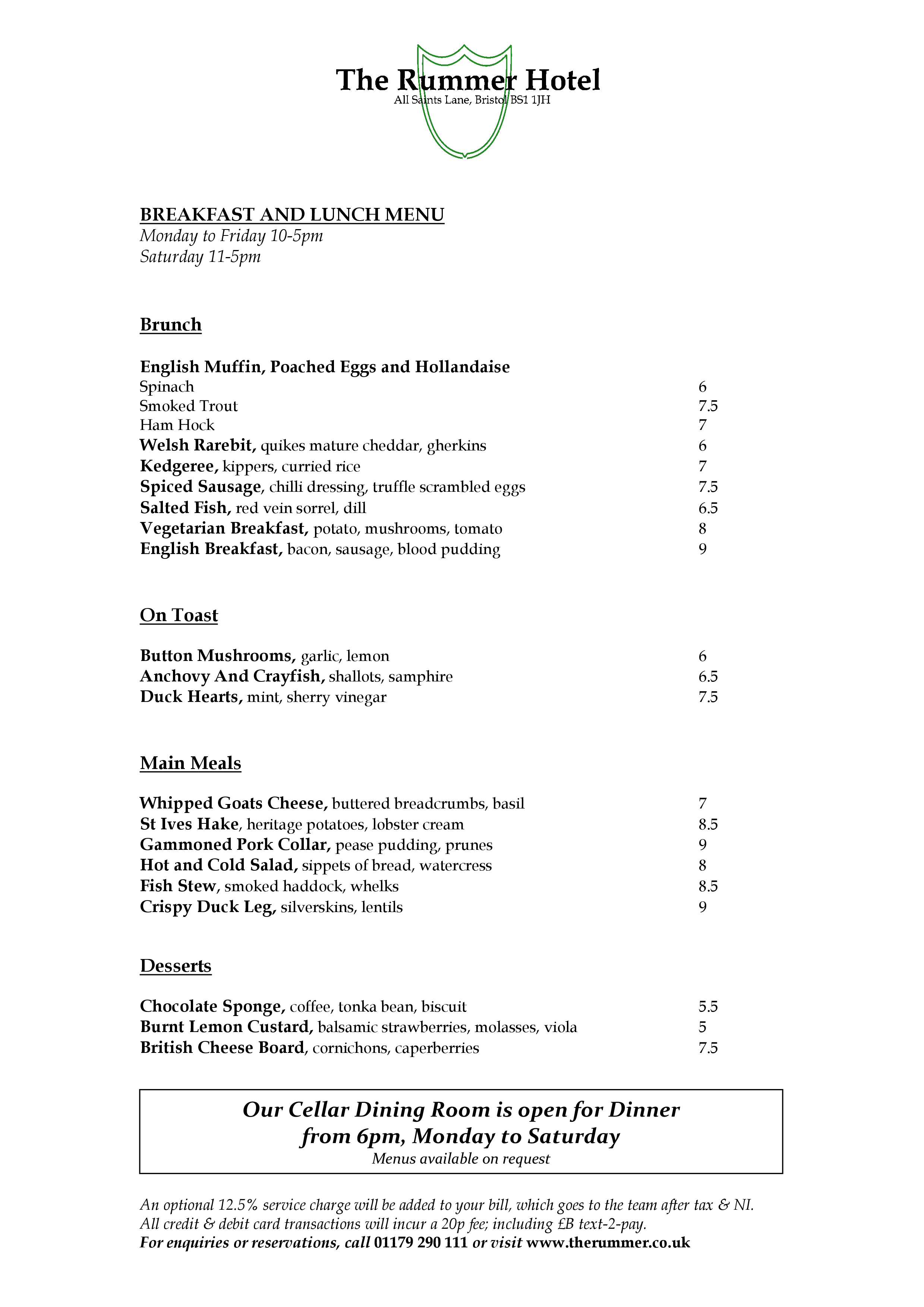 Menu at The Rummer pub & bar, Bristol