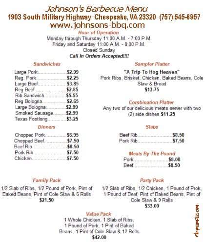 Johnson's Barbecue Menu, Menu for Johnson's Barbecue, Chesapeake ...
