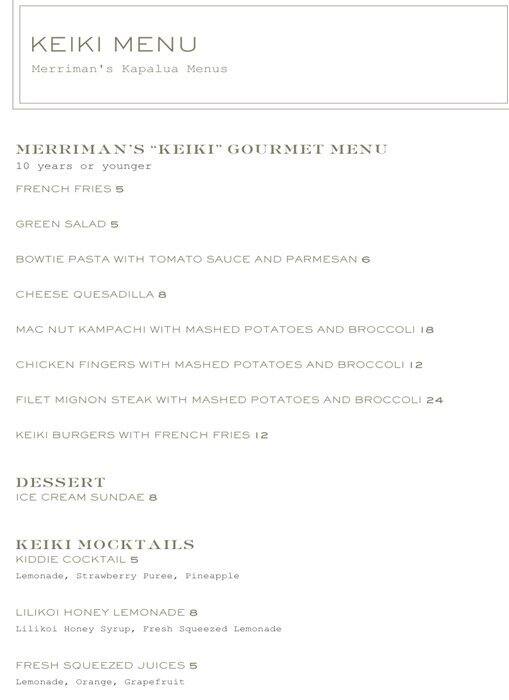 Menu at Merriman's Kapalua pub & bar, Kapalua