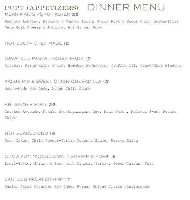 Menu at Merriman's Kapalua pub & bar, Kapalua