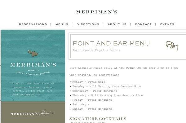 Menu at Merriman's Kapalua pub & bar, Kapalua