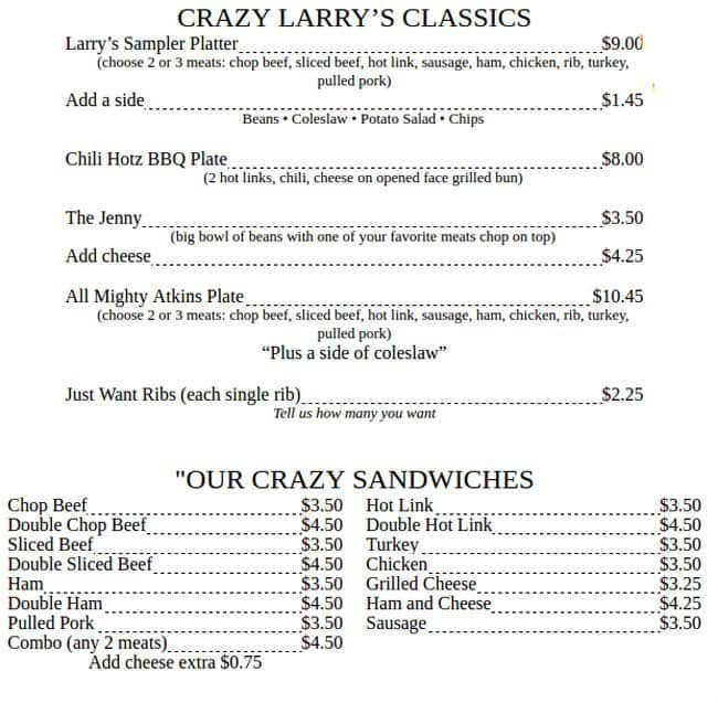 Menu at Crazy Larry's Barbecue, Amarillo
