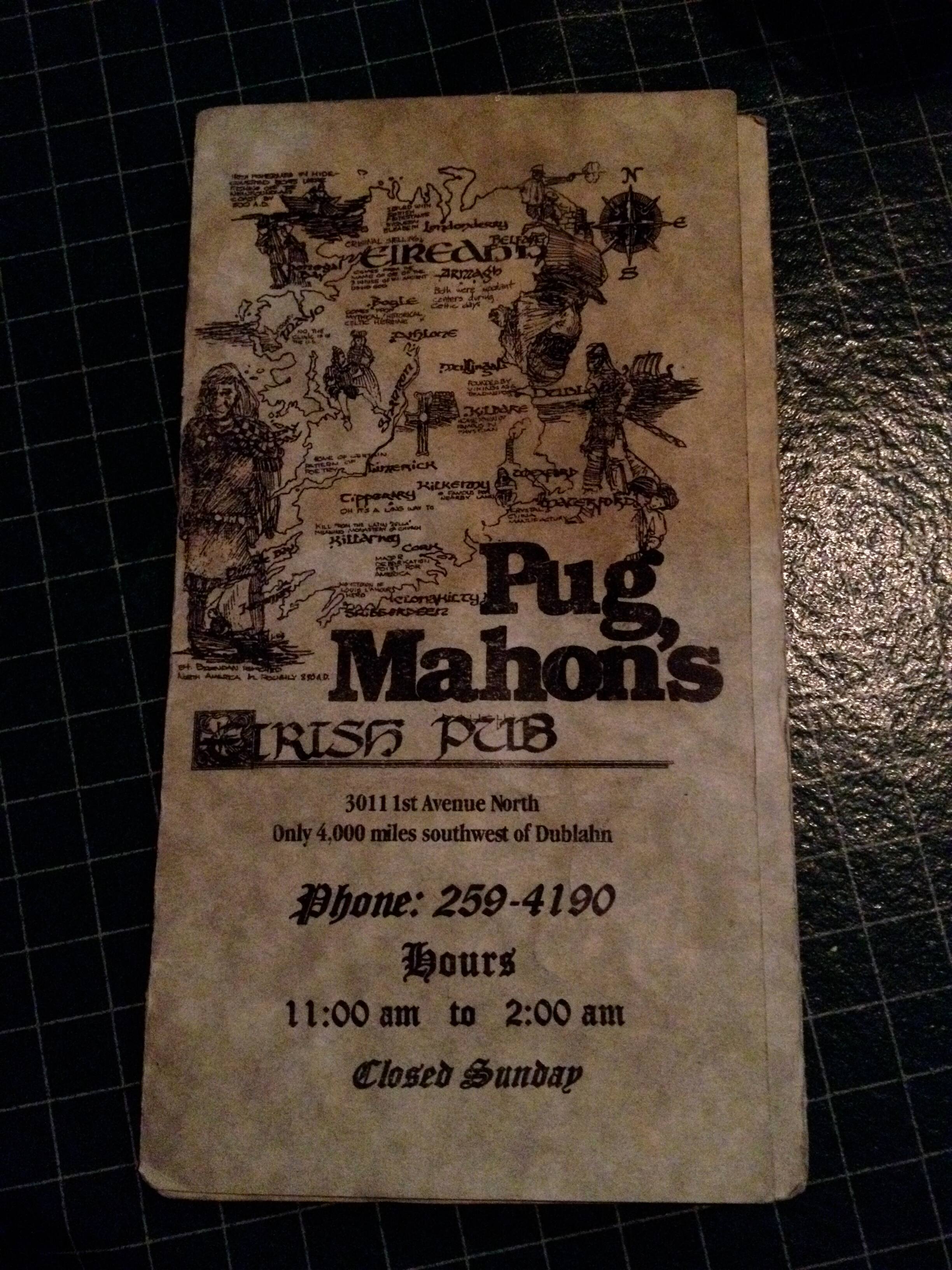 Menu at Pug Mahon's Irish Pub, Billings