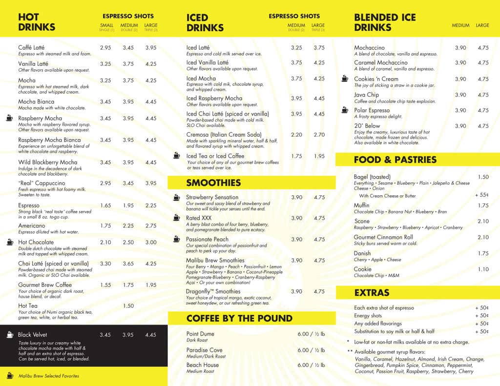 Menu at Malibu Brew Coffee cafe, Atascadero