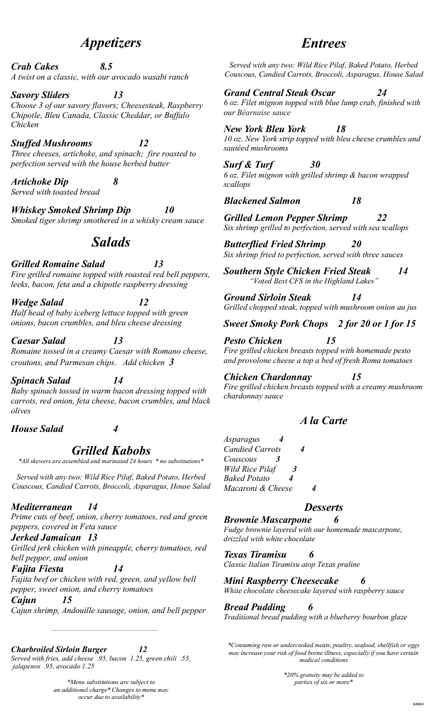 Menu at Grand Central Cafe, Kingsland