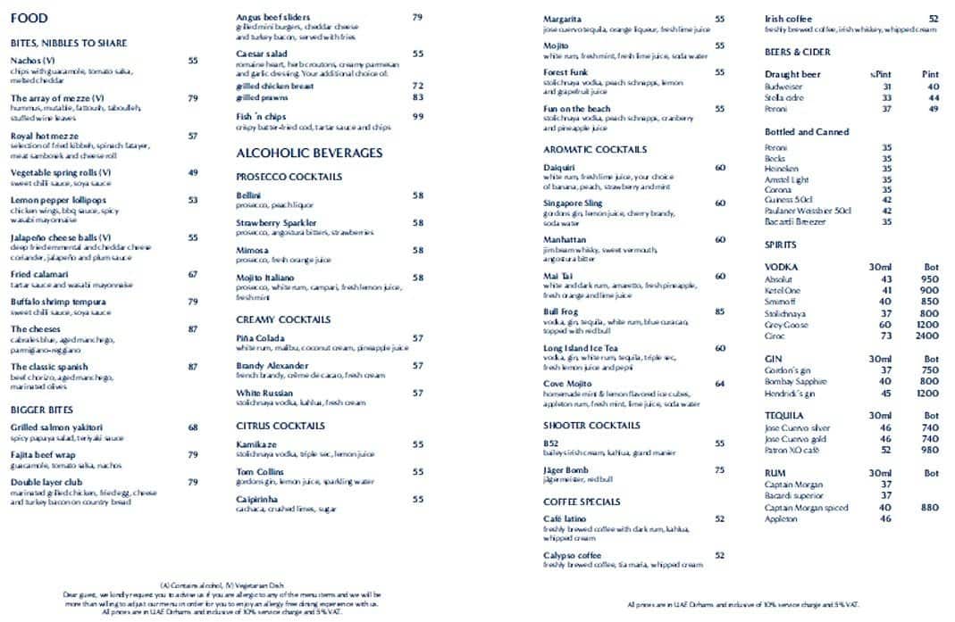 Menu at Breeze Bar, Ras Al-Khaimah