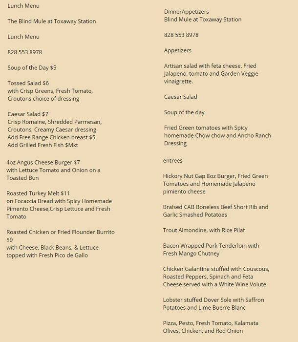 The Blind Mule Menu, Menu for The Blind Mule, Lake Toxaway, Lake ...
