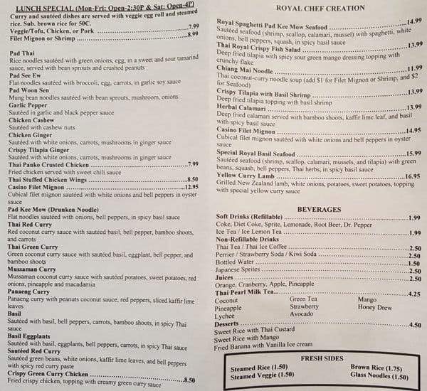 Menu at Royal Thai Bistreaux restaurant, Harahan