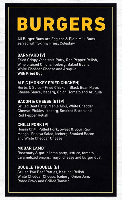 Menu of Monkey Bar, Camac Street Area, Kolkata