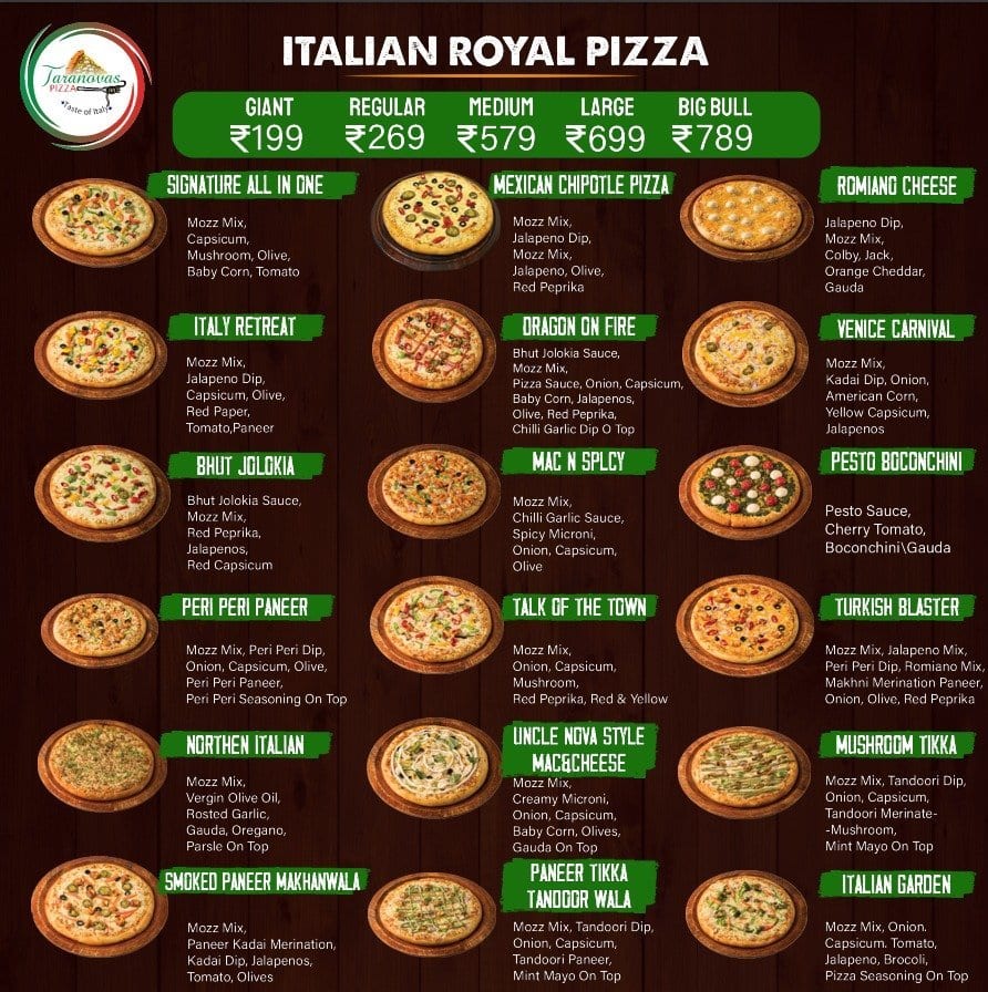 Menu of Taranovas Pizza, Prahlad Nagar, Ahmedabad