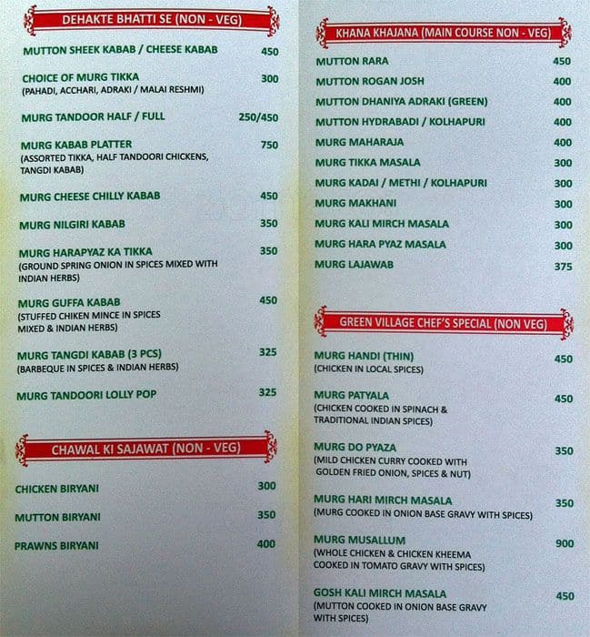 Menu at Green Village, Mumbai, Marve Road