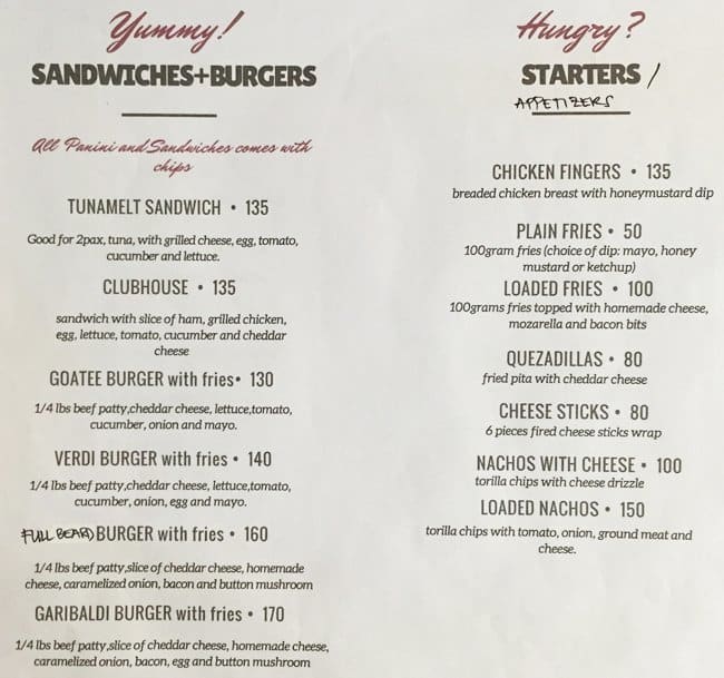 Menu at Milky Moustache cafe, Manila