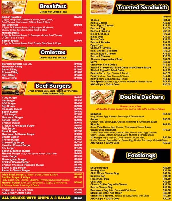 Sazbar Roadhouse a East Rand: Foto del Menu con Prezzi - Zomato SA