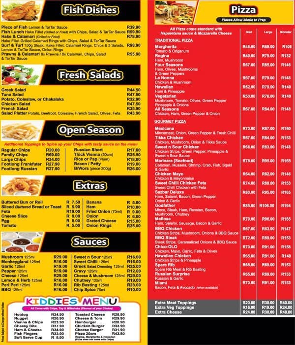 Menu at Sazbar Roadhouse, South Africa