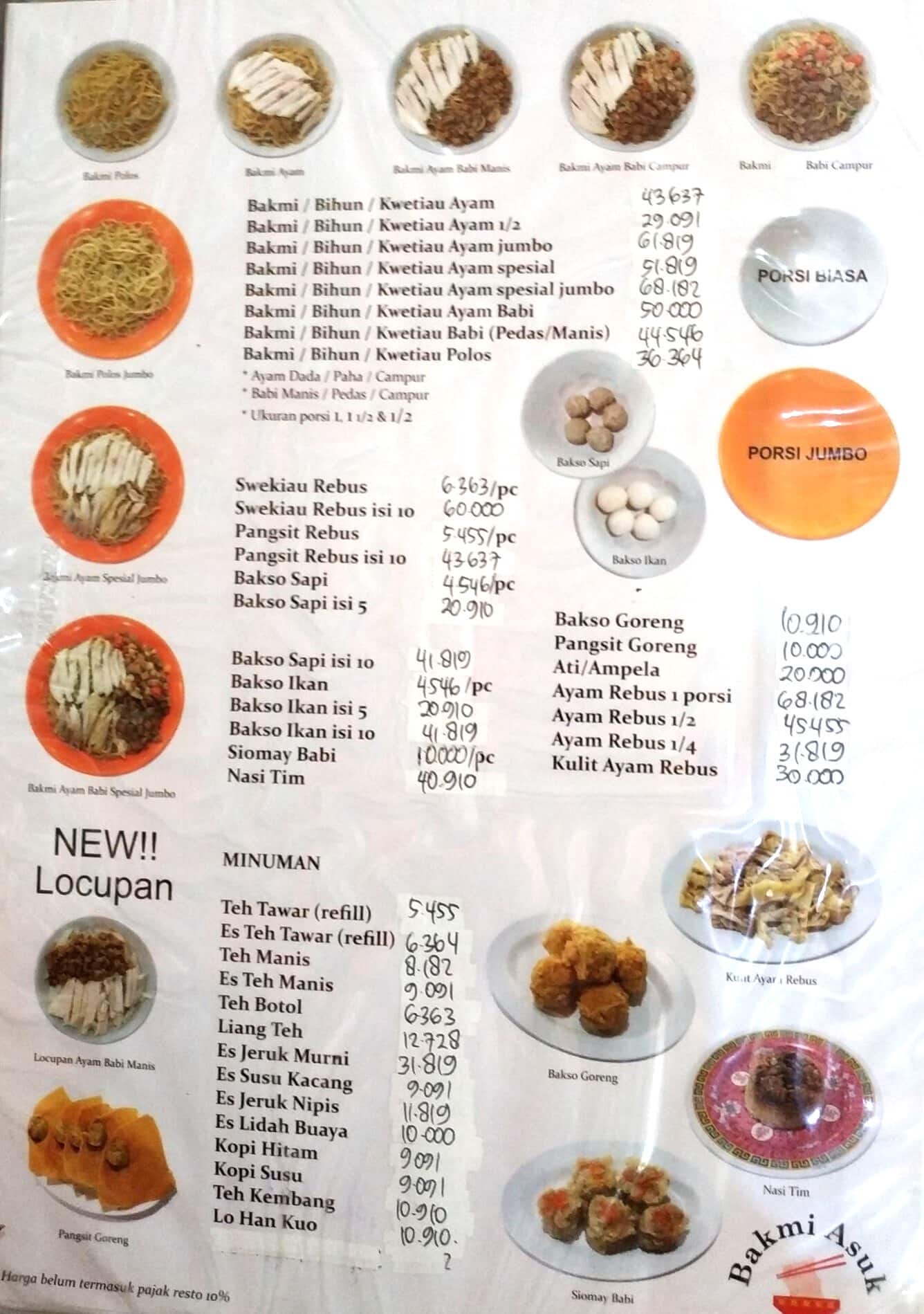Menu at Bakmi Abadi restaurant, North Jakarta, Jl. Danau Sunter Utara No.8