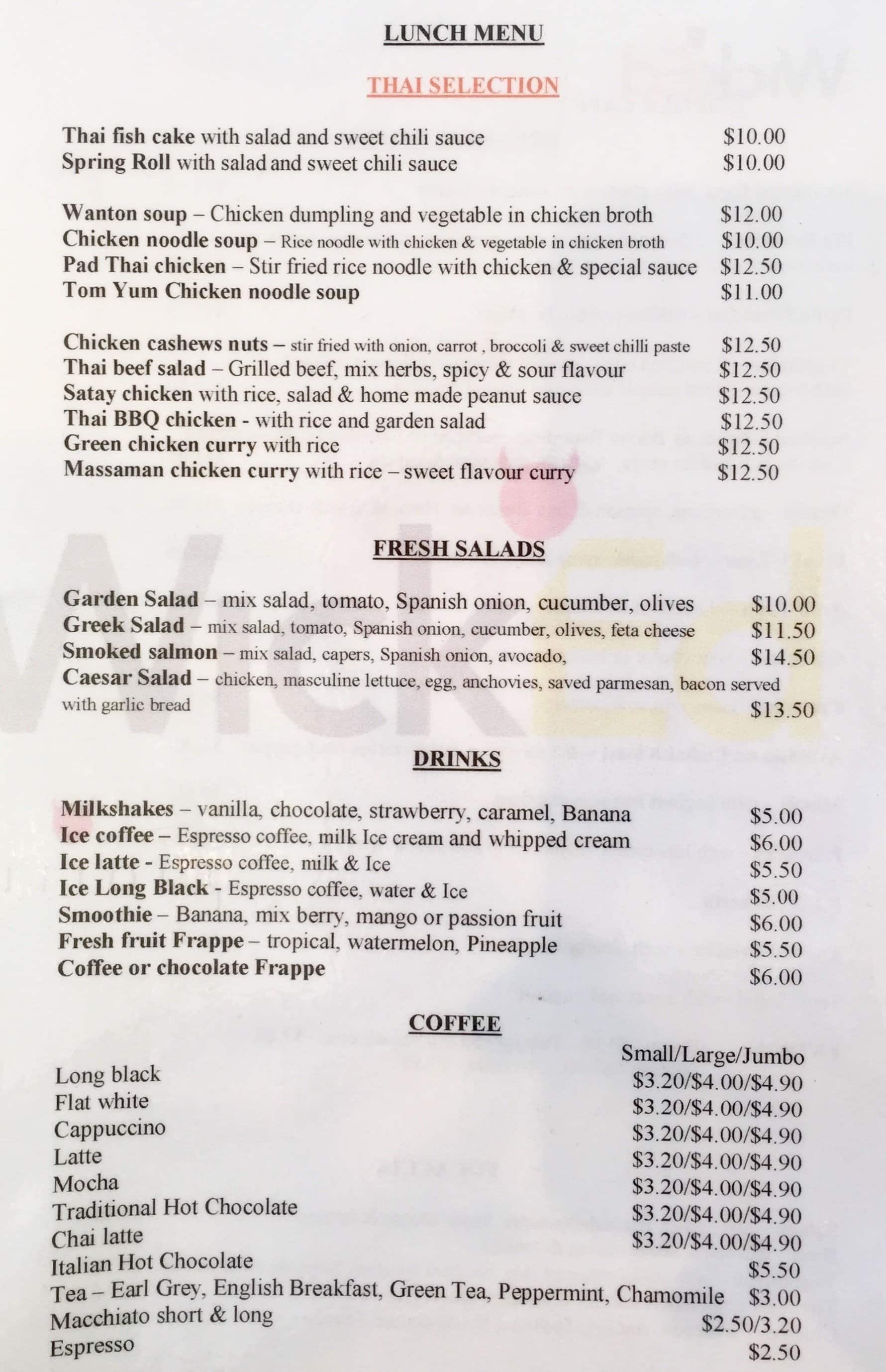 Menu at Wicked Corner Cafe, Brisbane City