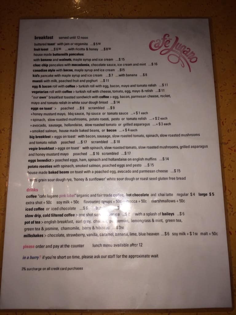 Menu at Cafe Lugano, Cowes