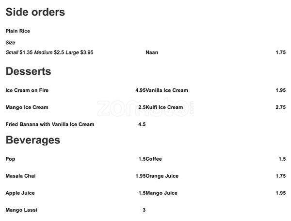 Menu at Indian Wok restaurant, Burnaby