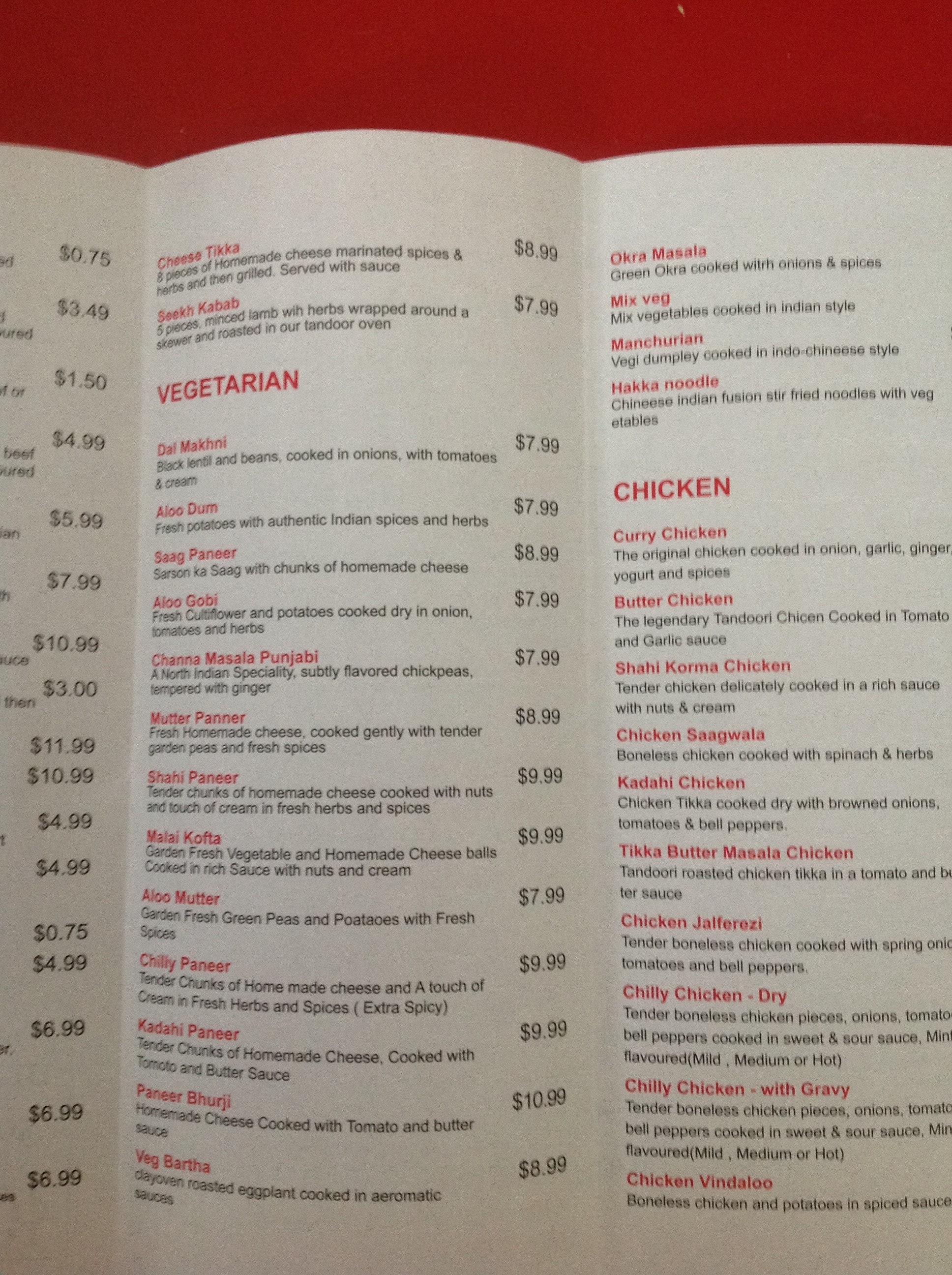 Menu at Taste of India restaurant, Calgary, 68 St NE