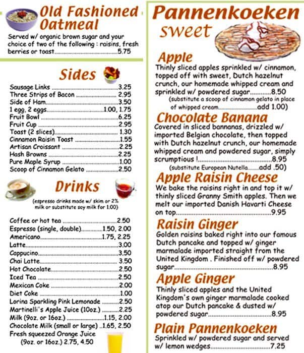 Menu at Famous Dutch Pancake Huis - Pannenkoeken Cafe, Chicago, N ...