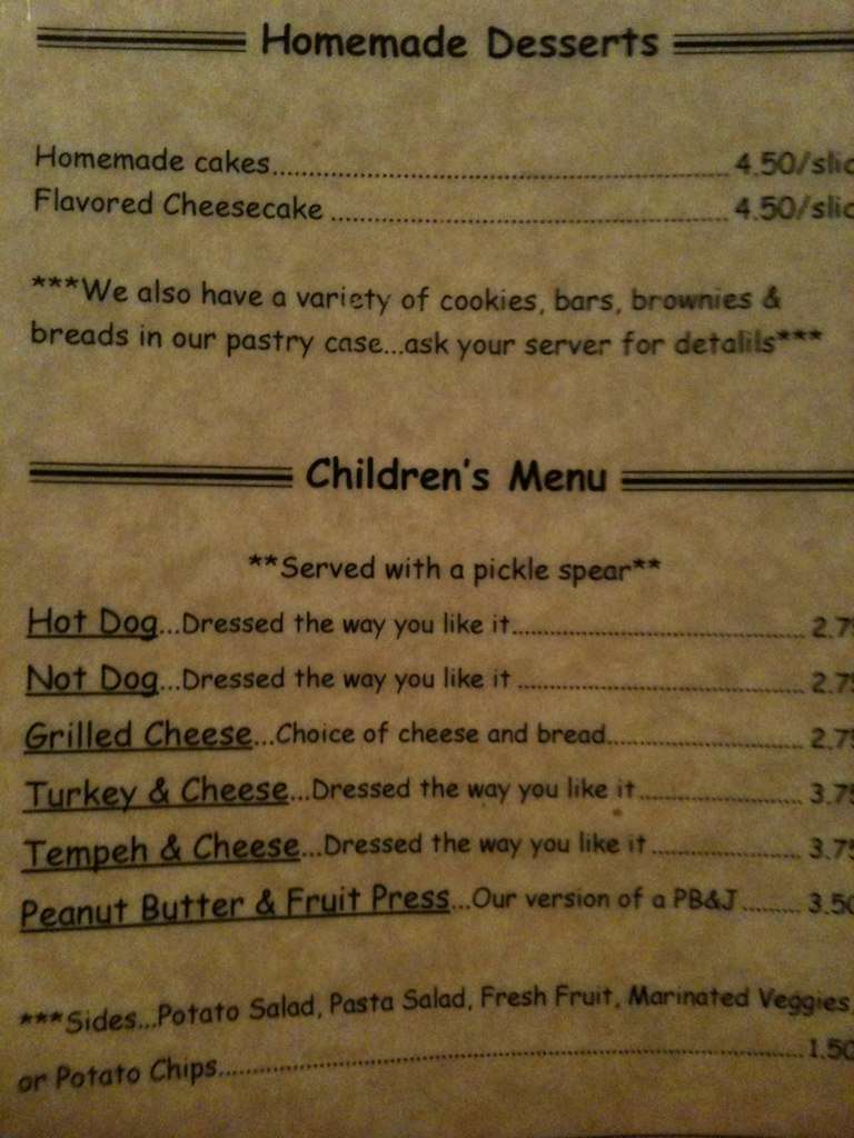 Menu at Our Daily Bread restaurant, Boone
