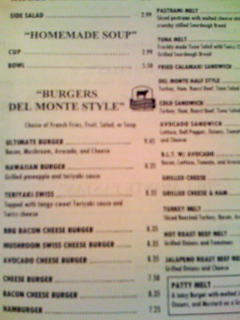 Menu at Del Monte Cafe, Seaside
