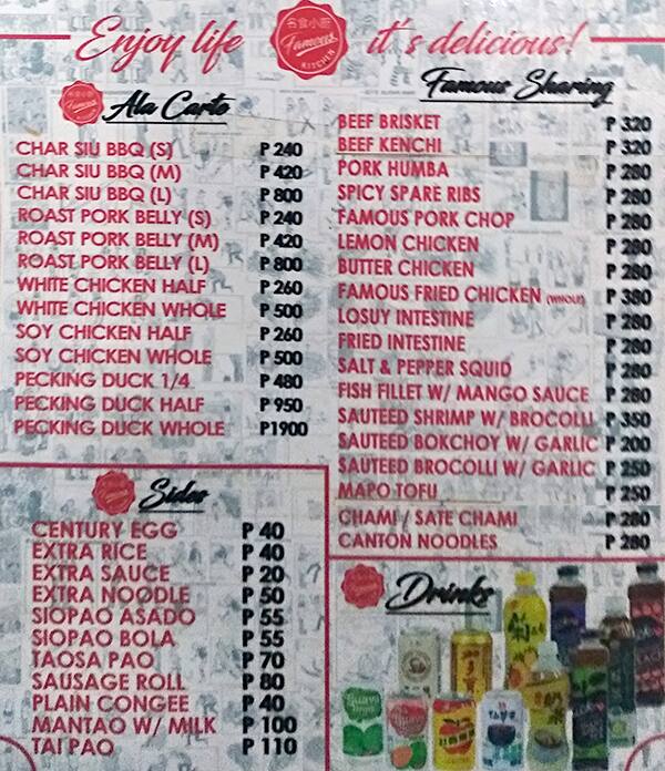 Menu of Famous Kitchen, Tomas Morato, Quezon City