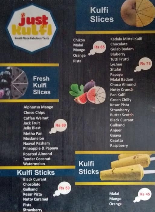 Menu at Just Kulfi, Madurai, Ishwarya Lakshmi Plaza