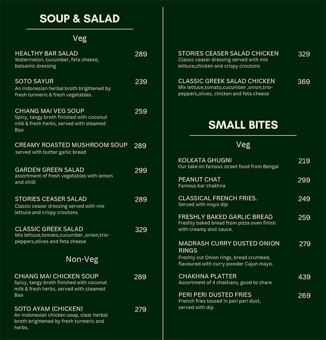 Menu of Stories Brewery & Kitchen, BTM, Bangalore