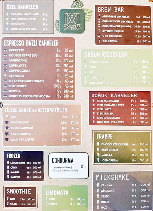 Menu at Monstera Coffee Company, Istanbul