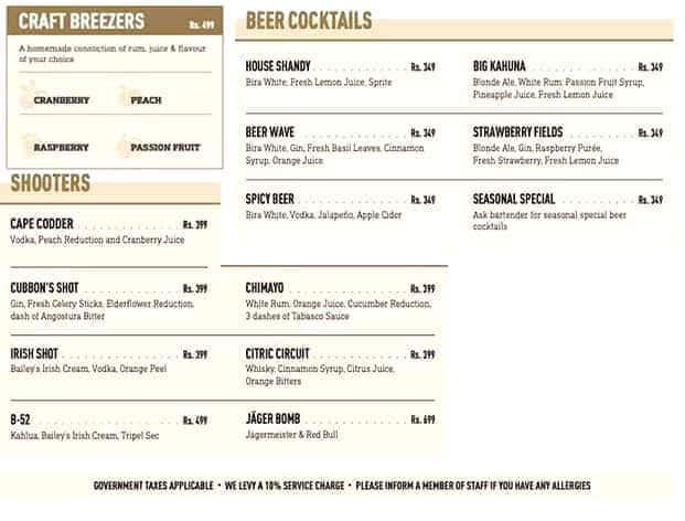 Menu at Bira 91 Taproom, Koramangala, Bengaluru