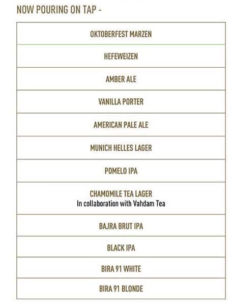 Menu at Bira 91 Taproom, Koramangala, Bengaluru