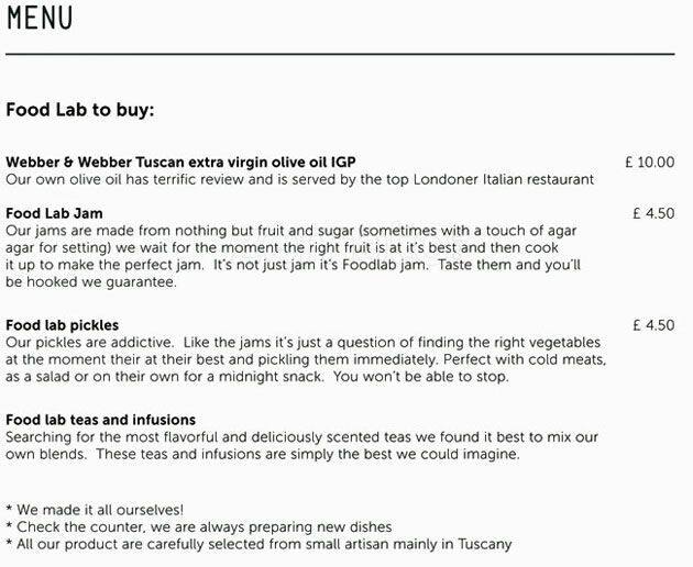 Menu at Food Lab restaurant, London