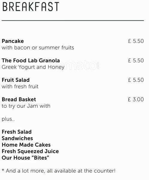 Menu at Food Lab restaurant, London