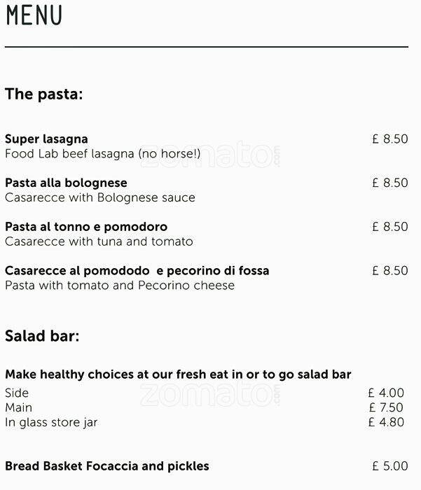 Menu at Food Lab restaurant, London