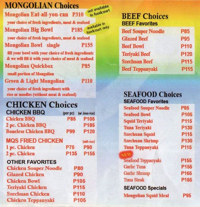 Menu at Nanyang restaurant, Manila, HXGM+PG8