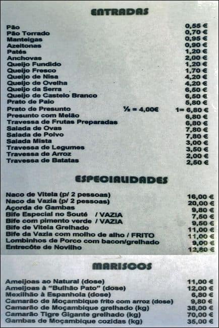 Menu at Banu restaurant, Algés