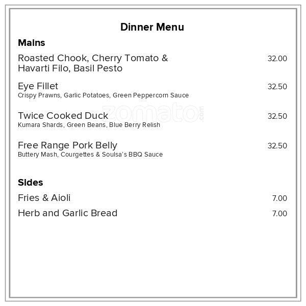 Menu at Soulsa Restaurant, Whakatane