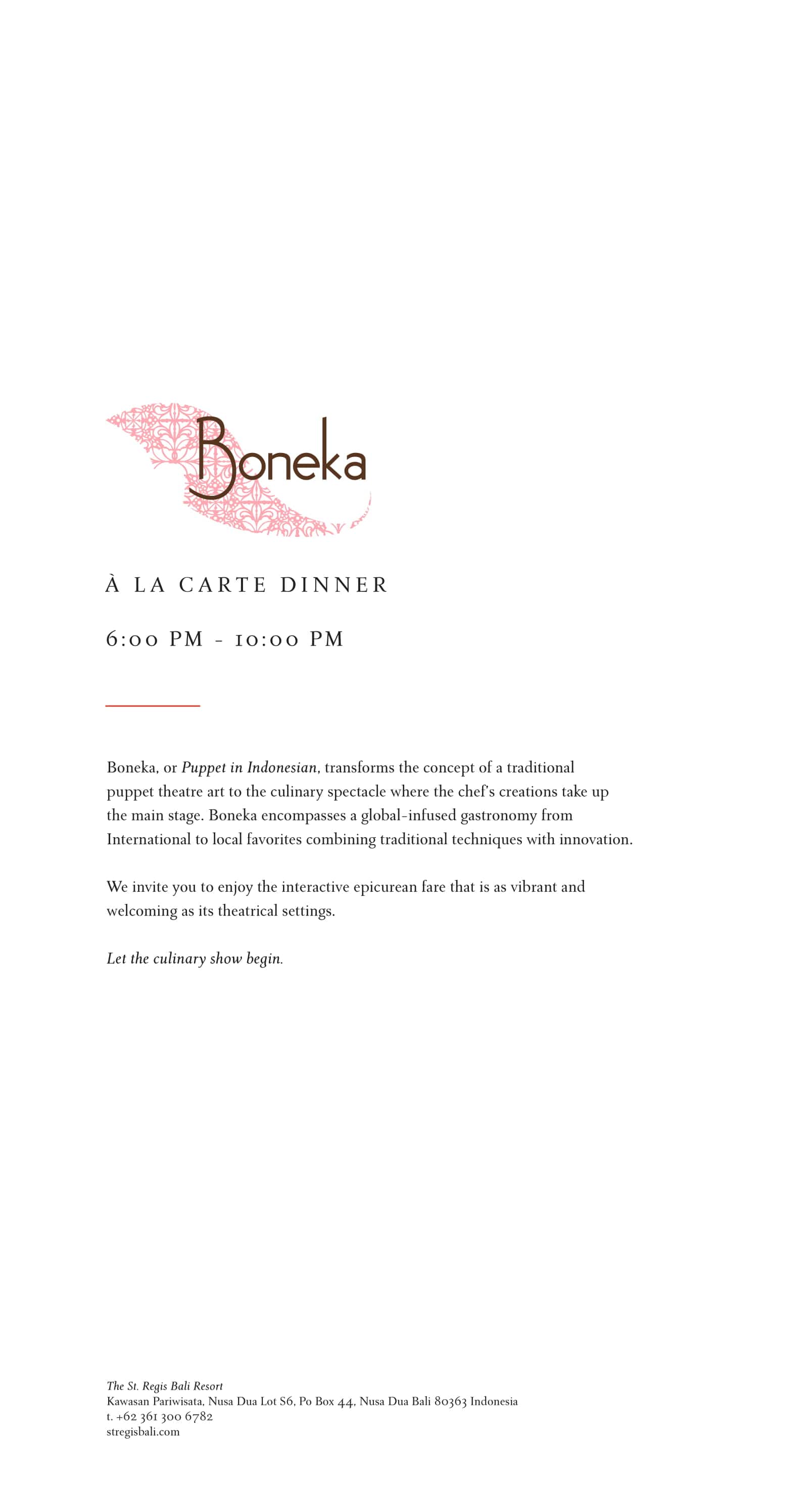 Menu at Boneka Restaurant, Kuta Selatan