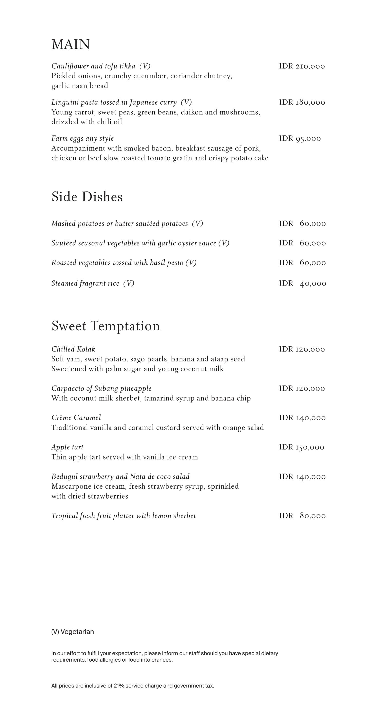 Menu at St Regis staff dining room restaurant, Kuta Selatan