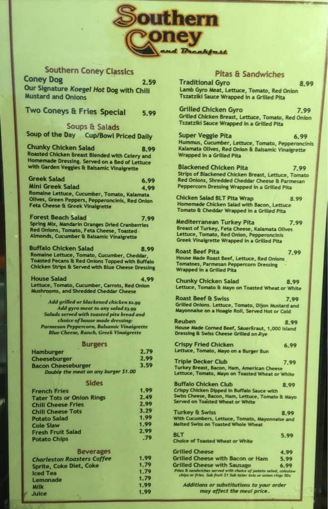 Menu at Southern Coney And Breakfast restaurant, Hilton Head Island