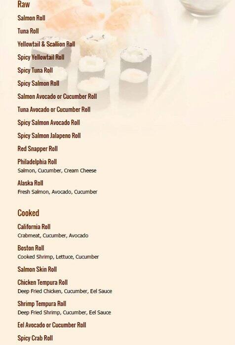 Menu at Ming Sushi restaurant, New Bedford